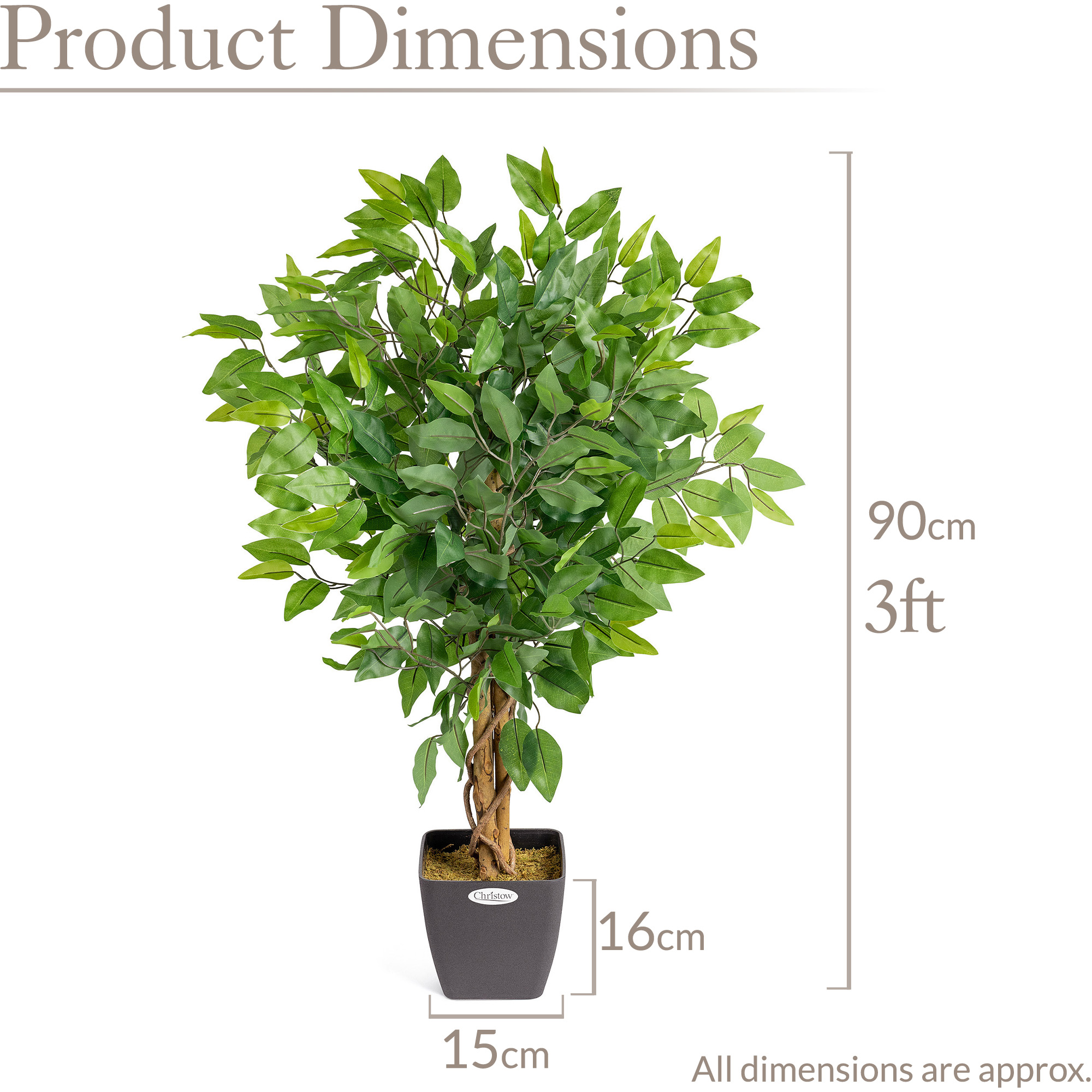 Artificial Ficus Tree Realistic Faux House Plant Decoration in Pot 3ft ...