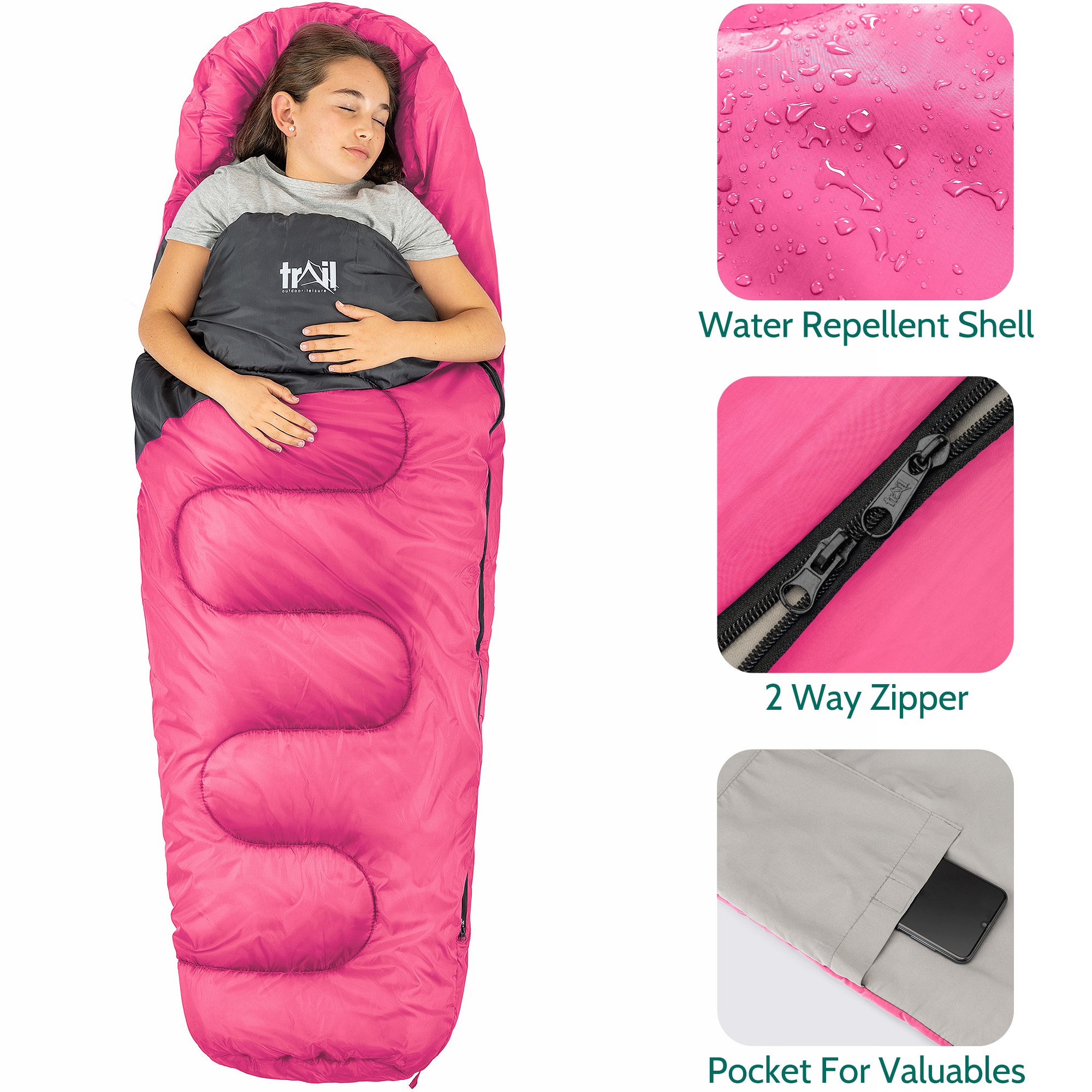 Trail Kids Sleeping Bag Mummy Hooded 3 Season Soft Warm 2 Way Zip Boys ...