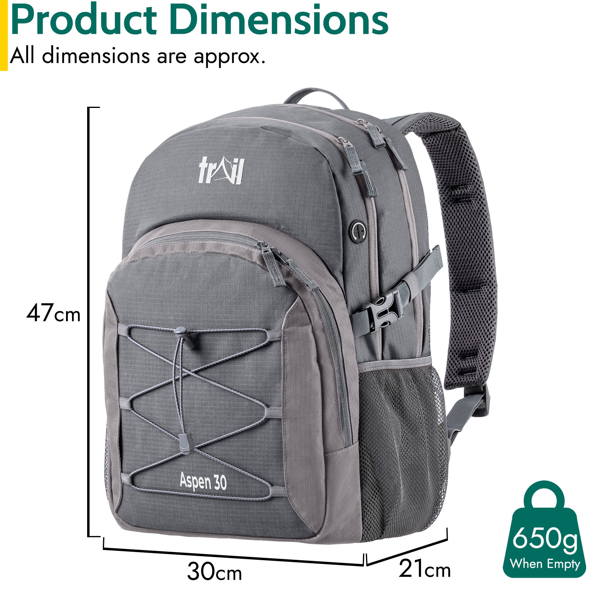 Trail 30L Backpack Padded Straps Multi Pocket Daypack School Work ...