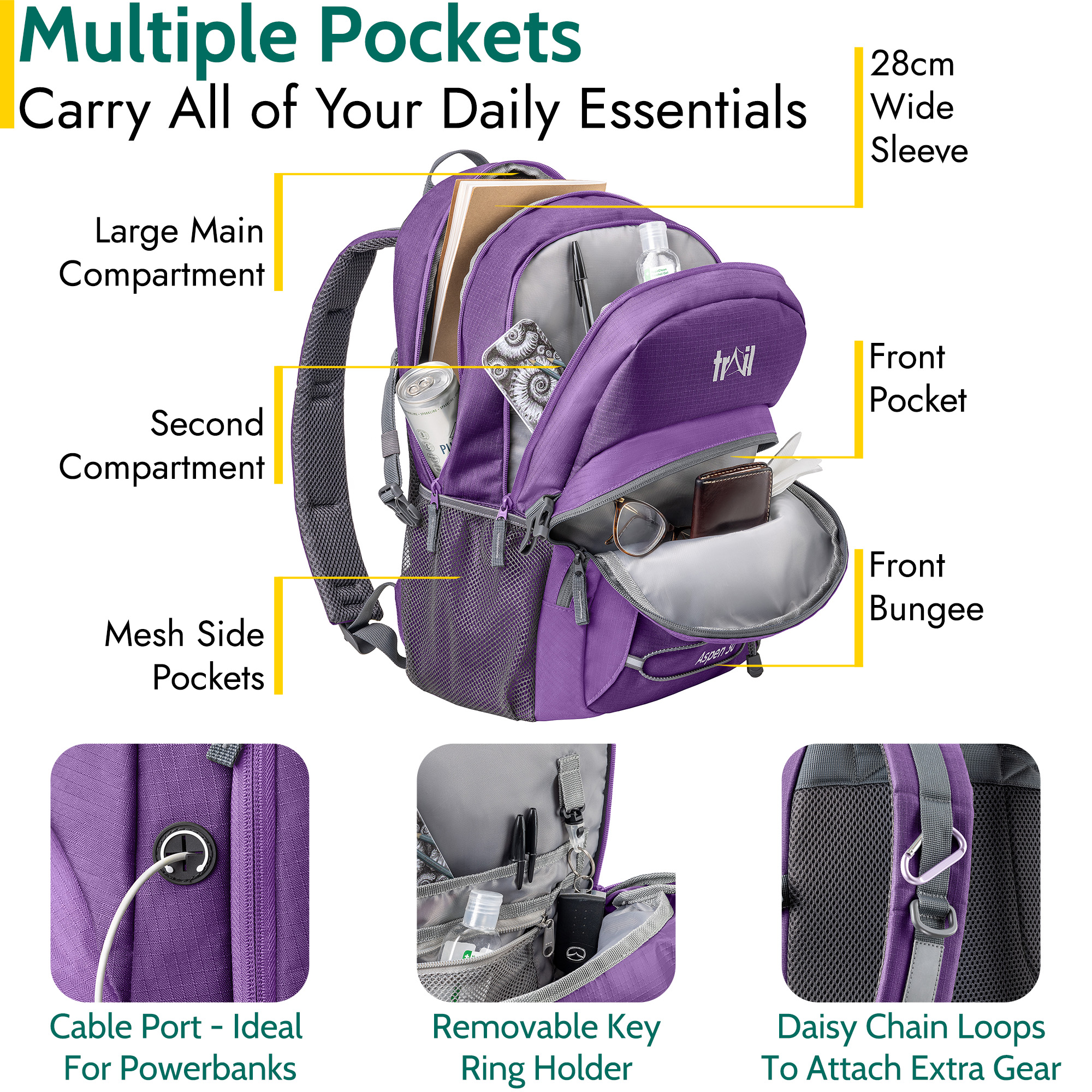 Trail 30L Backpack Padded Straps Multi Pocket Daypack School Work ...